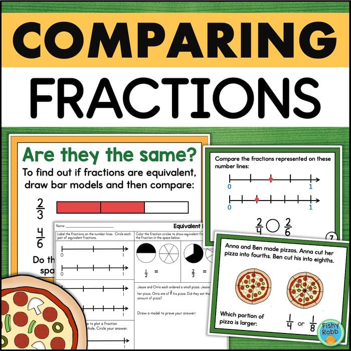 Comparing Fractions Worksheets Posters Task Cards - Fishyrobb